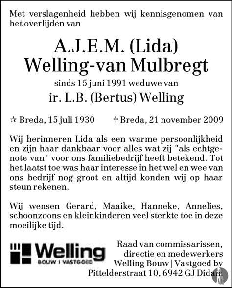 Alida Johanna Elisabeth Maria Lida Welling Van Mulbregt 21 11 2009 Overlijdensbericht En