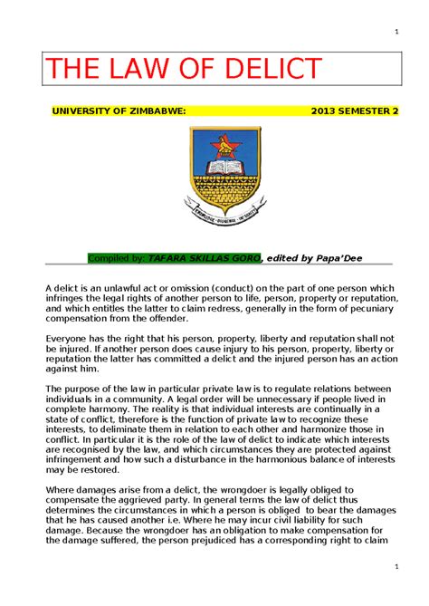 Law Of Delict Notes Mahere 2013 The Law Of Delict University Of