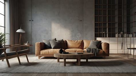 Modern Minimalist Living Room With Exposed Concrete Walls Stock