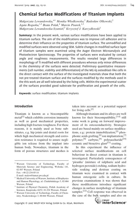 Pdf Chemical Surface Modifications Of Titanium Implants