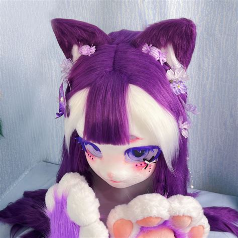 Purple Catgirl Kigurumi Head With Detachable Eyes Handmade Furry