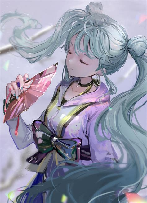 Safebooru 1girl Absurdres Amin Aminblue Aqua Hair Aqua Nails Bow