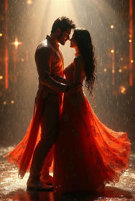 A Bollywood Style Romantic Couple Dancing In The Rain Under Stage