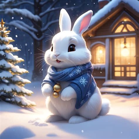 Cute Little Snow Bunny In Winter Wonderland Cartoon Style Stock