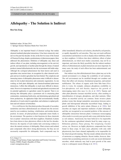 Pdf Allelopathy The Solution Is Indirect