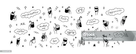 겨울철 따뜻한 음료 귀여운 라인 낙서 알코올 및 부드러운 이름의 음료 즐거운 성탄절 보내시고 새해 복 많이 받으세요 마시멜로 코코아 멀드 와인 에그노그 허니 스파이스 라떼