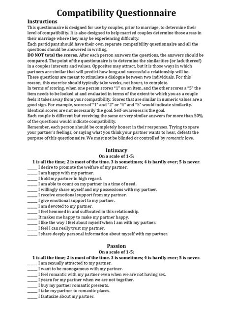 Compatibility Questionnaire Pdf Intimate Relationships