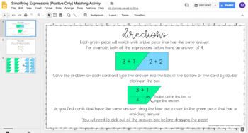 Simplifying Expressions Pos Only DIGITAL Matching Activity Distance Learning