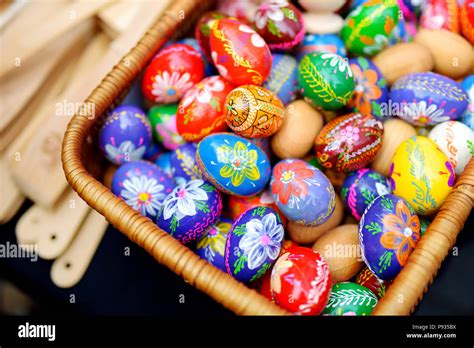 Colorful Handmade Wooden Easter Eggs Sold In Annual Traditional Crafts Fair In Vilnius
