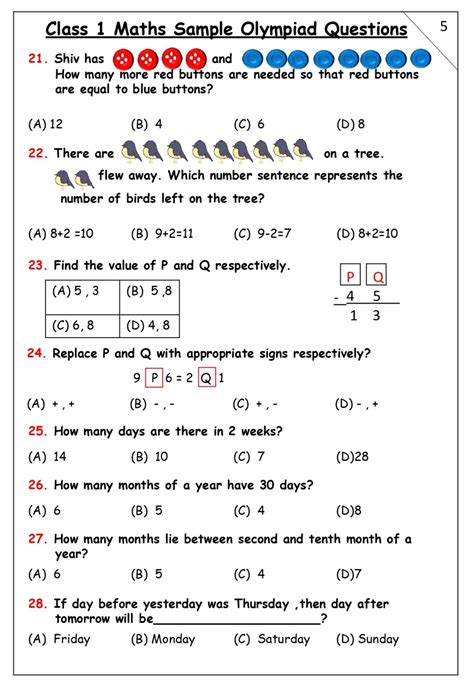 Grade 1 1st Standard Math Olympiad Question Paper Eduflakes