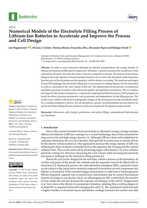 Pdf Numerical Models Of The Electrolyte Filling Process Of Lithium Ion Batteries To Accelerate
