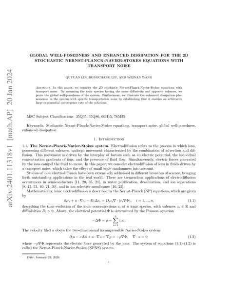 Pdf Global Well Posedness And Enhanced Dissipation For The 2d Stochastic Nernst Planck Navier