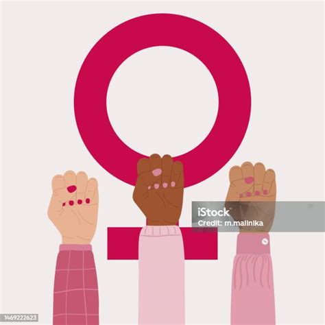 페미니즘 상징 포스터 다양한 여성이 금성 상징으로 주먹을 올렸다 소녀의 힘 평등을 위한 투쟁 페미니즘 자매애 개념 손으로 그린