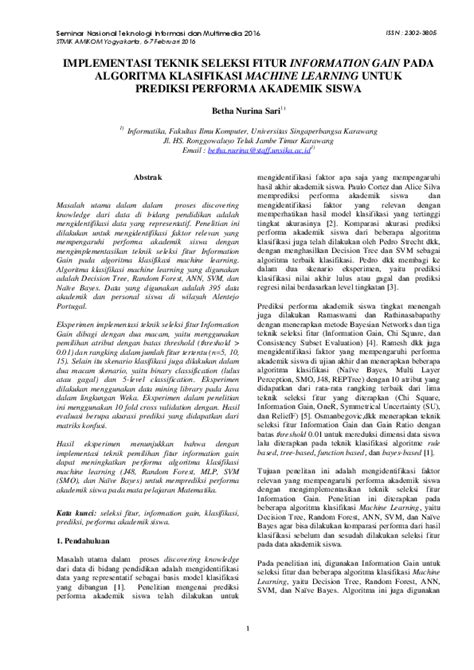 Pdf Implementasi Teknik Seleksi Fitur Information Gain Pada Algoritma Klasifikasi Machine