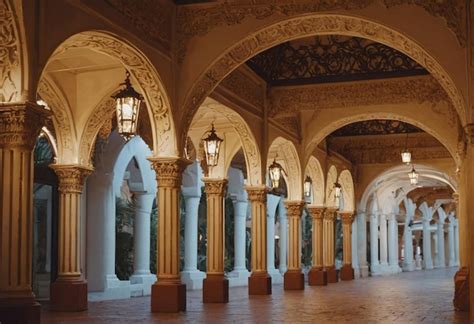 Elegant Lanterns Adorning A Classical White Arcade Premium Ai Generated Image