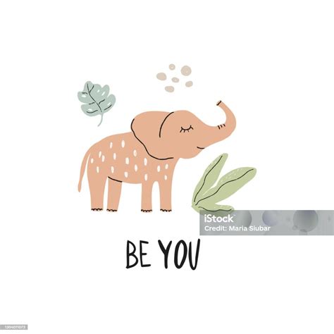 만화 스타일 잎 레터링에 사랑스러운 핑크 코끼리를 가진 아이들을위한 귀여운 포스터 인쇄 Be You 손으로 그린 벡터 그림