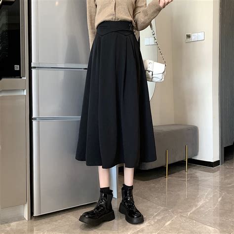 파랑검정커피색 유니크 데일리룩 가을 하이웨스트 버튼 단색 롱 플레어 스커트 시즌 특가상품