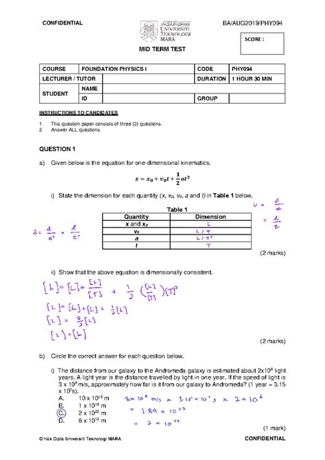 Phy094 Mid Exam Paper 2019 Asid Physics Sem 1 Mid Term Test Instructions To Candidates This