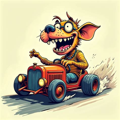 Cartoon Comic Mean Face Puppy Junkyard Dog Smiling Driving Hot Rod