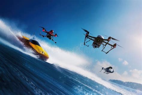 High Speed Race Between A Jet Ski And Drones Over Ocean Waves In Bright