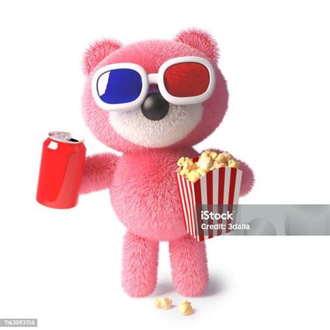 귀여운 귀여워 핑크 테디 베어 먹는 팝콘과 마시는 소다 동안 보는 동안 A 3d 영화 3d 일러스트 3차원 형태에 대한 스톡