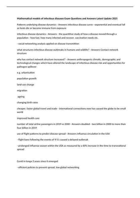 Mathematical Models Of Infectious Diseases Exam Questions And Answers Latest Update 2025