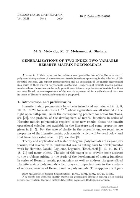 Pdf Generalizations Of Two Index Two Variable Hermite Matrix Polynomials
