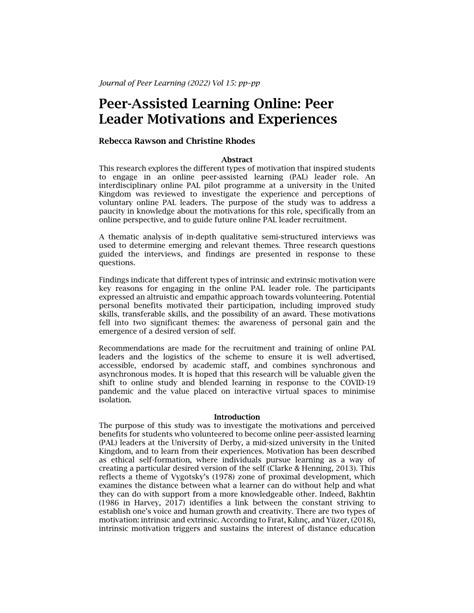 Pdf Peer Assisted Learning Online Peer Leader Motivations And Experiences