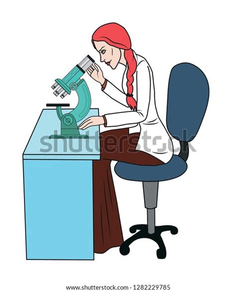 Redhead Woman Looks Into Microscope Stock Vector Royalty Free