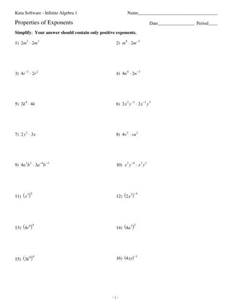 Algebra 1 Exponents Worksheet Printable Sheet Education