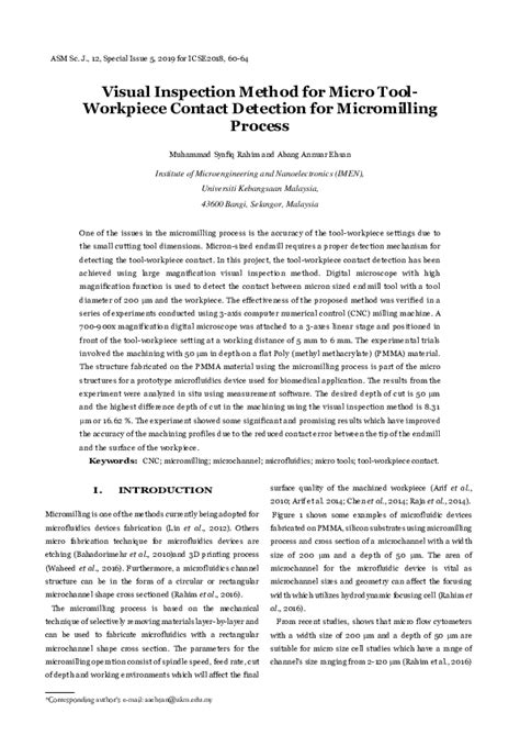 Pdf Visual Inspection Method For Micro Tool Workpiece Contact Detection For Micromilling Process