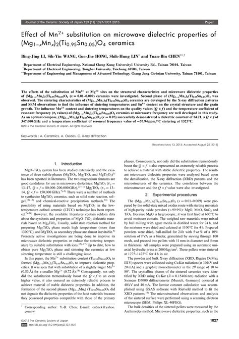 Pdf Effect Of Mn2 Substitution On Microwave Dielectric Properties Of