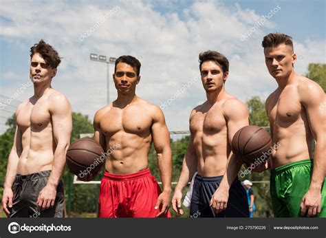 Four Sexy Shirtless Basketball Players Balls Basketball Court Sunny Day Stock Photo By