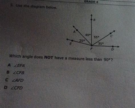 Grade 4 5 Use The Diagram Below Which Angle Does Not Have A Measure