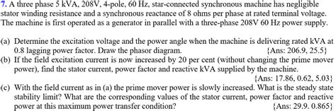 Solved 7 A Three Phase 5 Kva 208v 4 Pole 60 Hz
