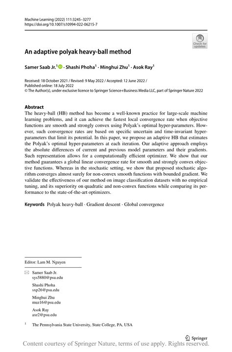 An Adaptive Polyak Heavy Ball Method Request Pdf