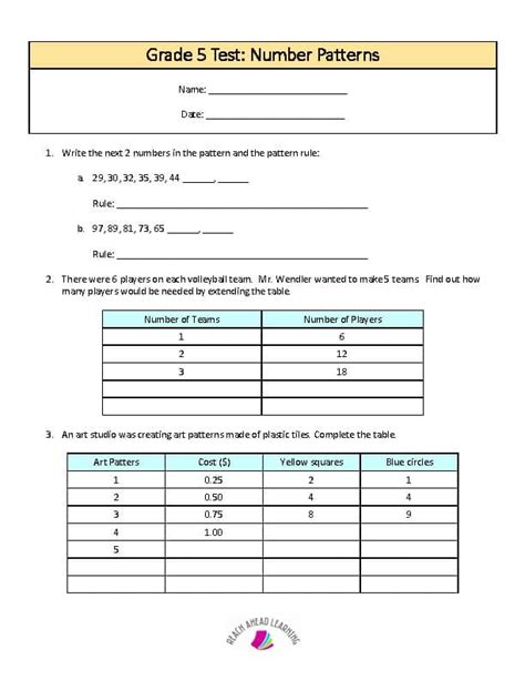 Grade 5 Math Test Number Patterns By Anika Garg Tpt