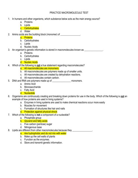 Macromolecules Practice Test Biology Review