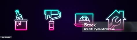 브러시 롤러 작업자 안전 헬멧 및 하우스 렌치 스패너가있는 세트 라인 페인트 버킷을 설정합니다 빛나는 네온 아이콘 벡터 건설 산업에 대한 스톡 벡터 아트 및 기타 이미지