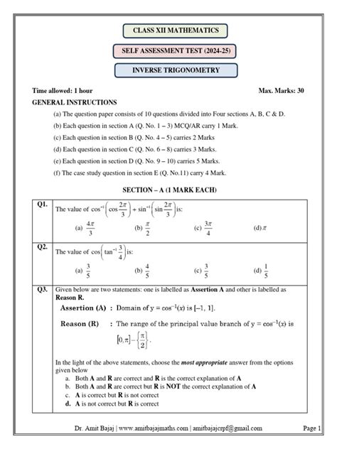 Class Xii Inverse Trigonometry Self Assessment Test 2024 25 Dr Amit Bajaj Pdf