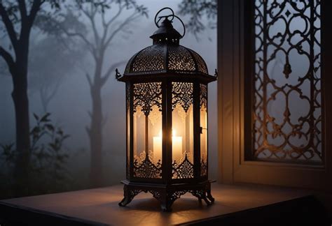 Premium Photo A Lit Lantern With A Tree In The Background