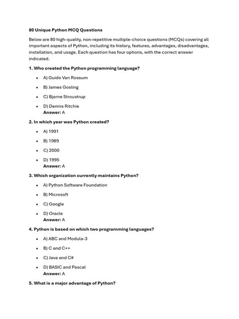80 Unique Python Mcq Questions Pdf Python Programming Language