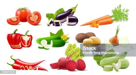 흰색 배경에 분리된 전체 및 얇게 썬 생야채 세트 토마토 가지 당근 후추 오이 감자 양파 칠리 페퍼 비트 호박 유기농 건강 식품 사실적인 3d 벡터 그림입니다 3차원 형태에