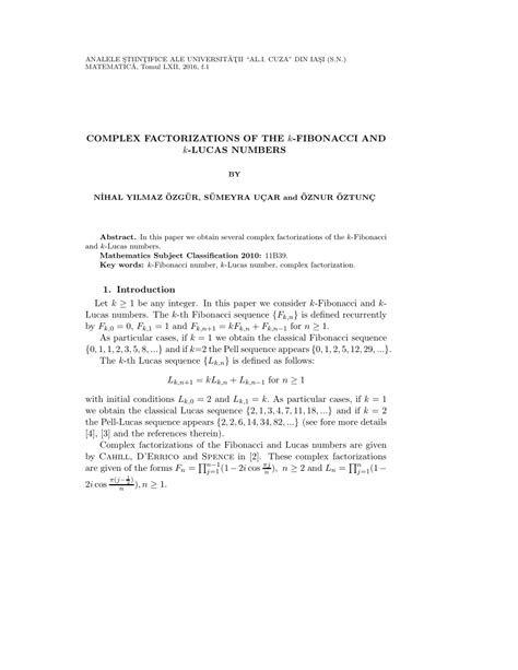 Pdf Complex Factorizations Of The κ Fibonacci And κ Lucas Numbers