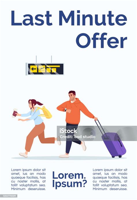 마지막 순간에 포스터 템플릿을 제공합니다 서둘러 승객 여행자는 비행기로 돌진합니다 세미 플랫 일러스트가 있는 상업용 전단지 디자인 벡터 만화 프로모션 카드 항공사 서비스