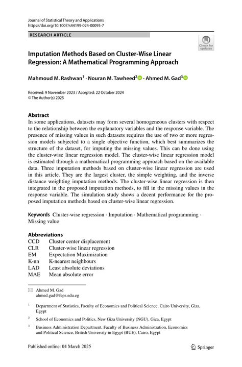 Pdf Imputation Methods Based On Cluster Wise Linear Regression A Mathematical Programming
