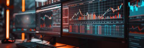 multiple computer monitors displaying financial charts and graphs are