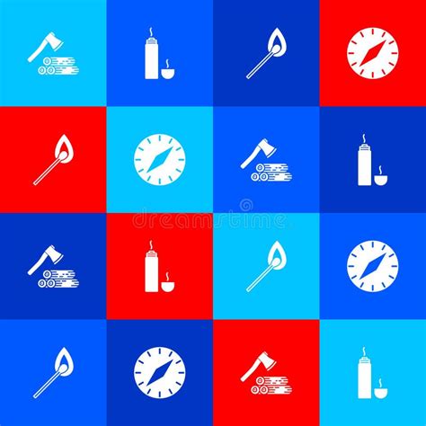 Set Wooden Axe And Wood Thermos Container Burning Match With Fire And Compass Icon Vector