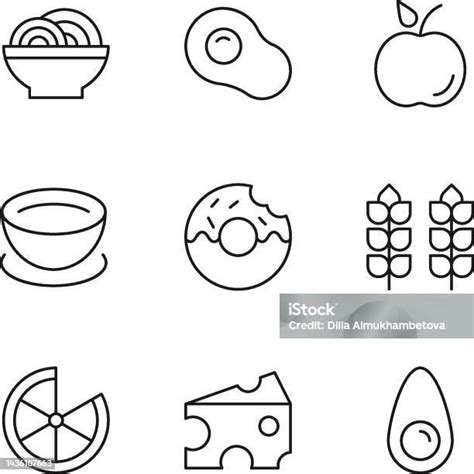 웹 사이트 광고 기사 상점 상점에 대한 격리 된 벡터 라인 아이콘의 컬렉션 편집 가능한 획 국수 오믈렛 사과 그릇 도넛 밀 감귤류 치즈 아보카도의 징후 감귤류 과일에 대한