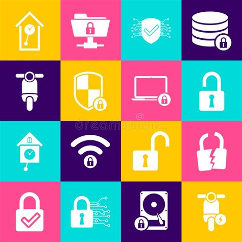 Set Electric Scooter Broken Or Cracked Lock Open Padlock Cyber Security Shield With And